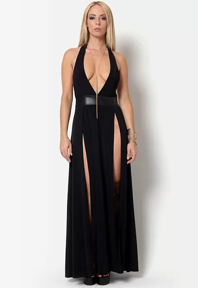 Robe longue décolletée fendue noir Isabella | A Mes Amours