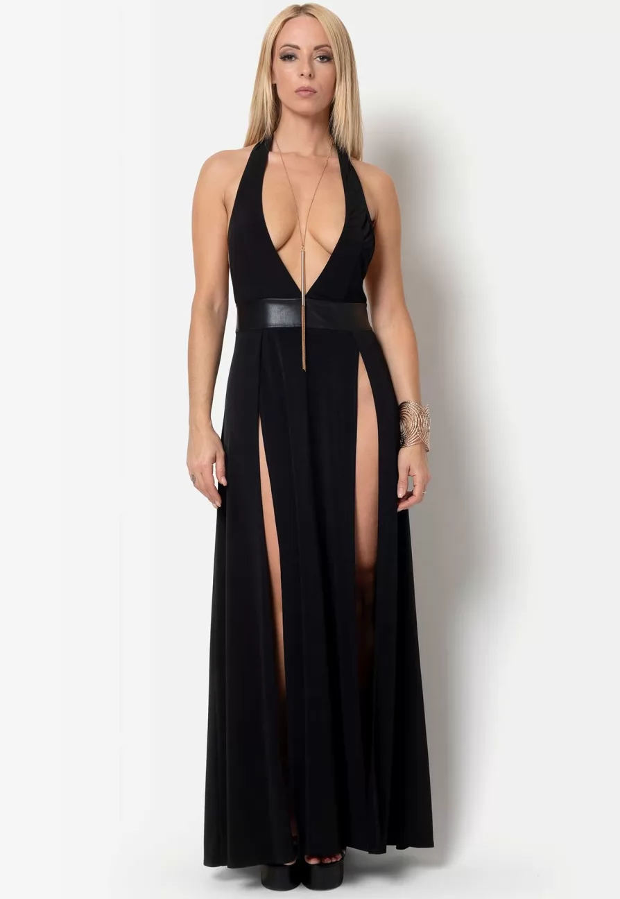 Robe longue décolletée fendue noir Isabella | A Mes Amours